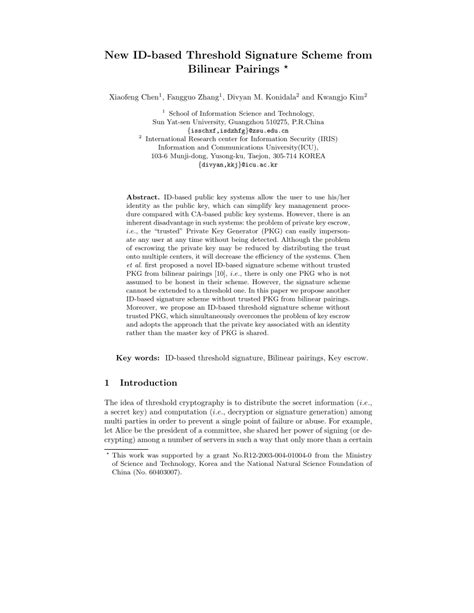 pdf new id based threshold signature scheme from bilinear pairings