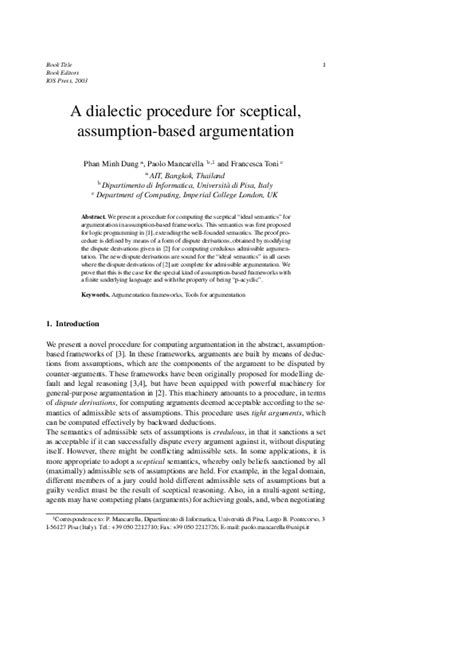 Pdf A Dialectic Procedure For Sceptical Assumption Based Argumentation