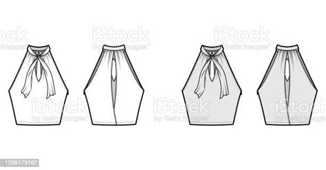 넥타이 랩 슬림 핏 활 허리 길이가 있는 탑 크롭 V넥 홀터 탱크 테크니컬 패션 일러스트 플랫 아웃웨어 0명에 대한 스톡 벡터