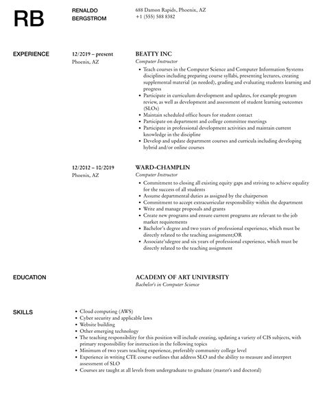 Computer Instructor Resume Samples Velvet Jobs