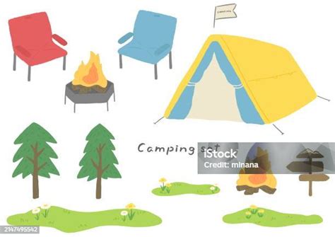 캠핑 텐트와 캠프 파이어 나무와 초원 손으로 그린 귀여운 일러스트 세트 일러스트레이션에 대한 스톡 벡터 아트 및 기타 이미지 일러스트레이션 초목 신록 Istock