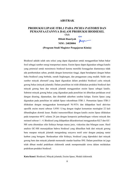Pdf Produksi Lipase Itb11 Pada Pichia Pastoris Dan Pemanfaatannya Dalam Produksi Biodiesel