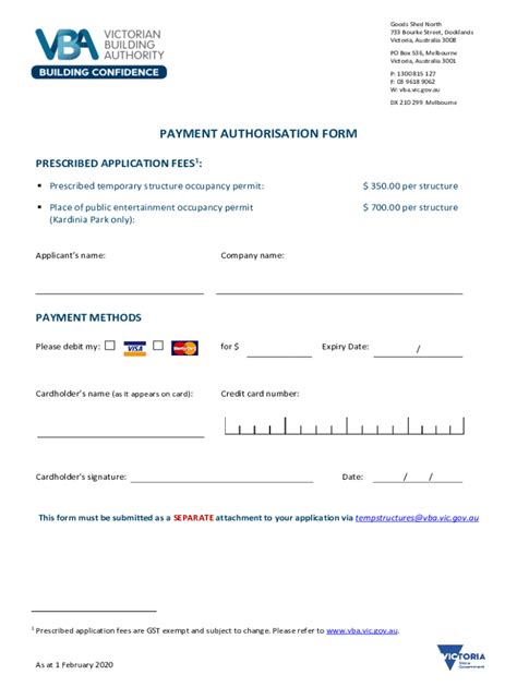 fillable online prescribed temporary structures payment authorisation