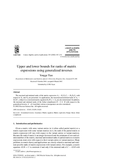 Pdf Upper And Lower Bounds For Ranks Of Matrix Expressions Using Generalized Inverses