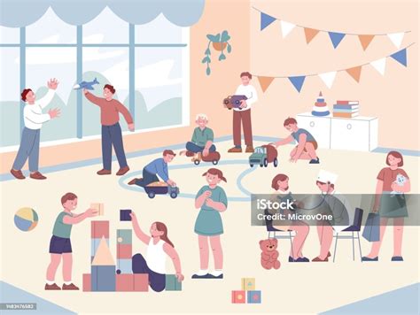아이들은 유치원에서 놀아요 의사 아이 아이들을 위한 몬테소리 유치원 보육원에서 장난감과 서로 놀고 있는 유아들 재미있는 어린 시절 킥키 벡터 장면 가정의 방에 대한 스톡