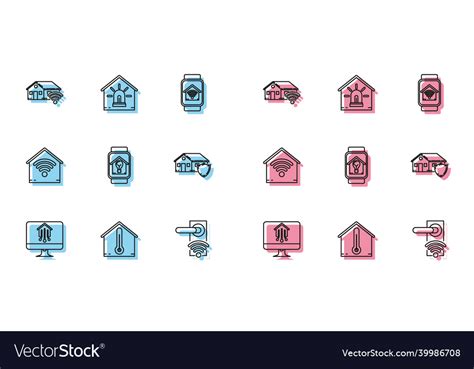 Set Line Computer Monitor With Smart Home House Vector Image
