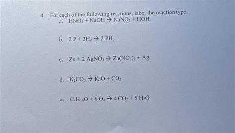 Solved For Each Of The Following Reactions Label The Chegg