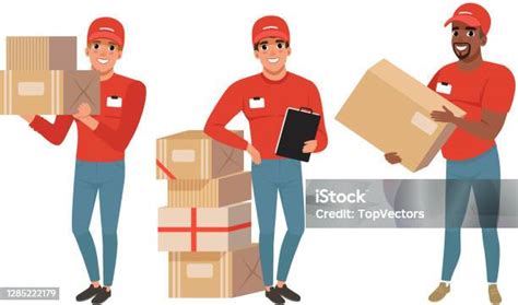 배달 서비스 개념 균일 한 운반 상자에 남성 택배 및 소포 세트 만화 벡터 일러스트를 제공 남자에 대한 스톡 벡터 아트 및 기타