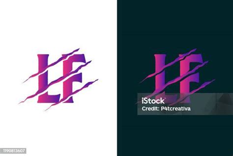 스크래치 효과와 보라색 그라데이션 Lf 문자 템플릿 로고 디자인 갈고리 발톱에 대한 스톡 벡터 아트 및 기타 이미지 갈고리