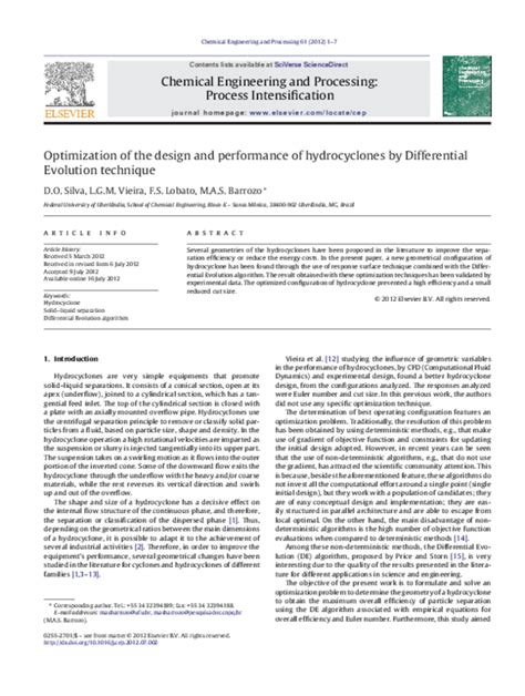 Pdf Optimization Of The Design And Performance Of Hydrocyclones By Differential Evolution
