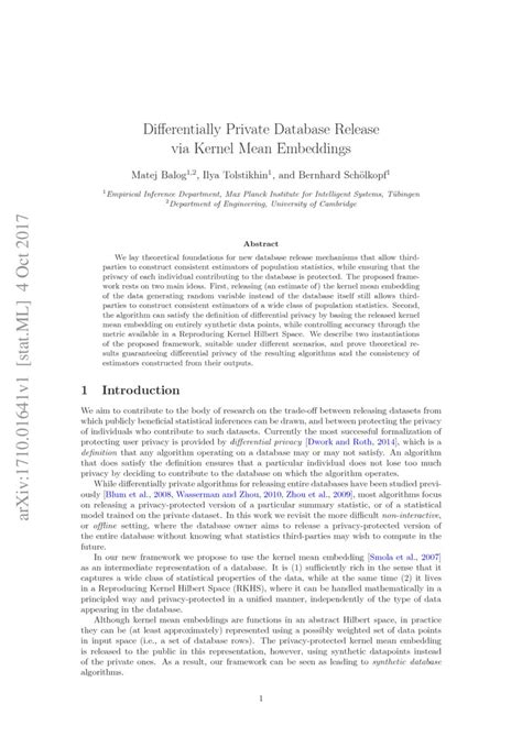 differentially private database release via kernel mean embeddings deepai
