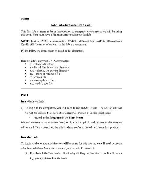 laboratory 1 introduction to unix and c cs 0449 docsity