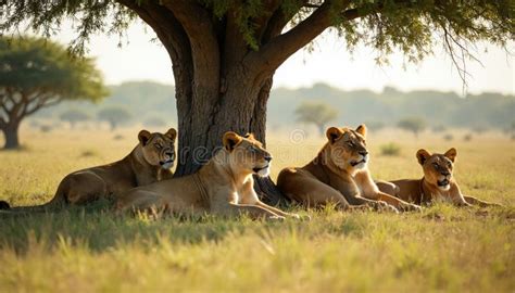Lion Pride Resting In African Savanna At Golden Hour Lions Lie Under A