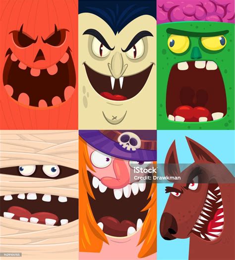 할로윈 재미있는 얼굴 네 캐릭터의 세트 냉혹한 사신 호박 잭 오 Lntern 좀비 뱀파이어 미라와 마녀의 만화 머리 격리된 벡터 일러스트레이션입니다 파티 장식 또는 패키지