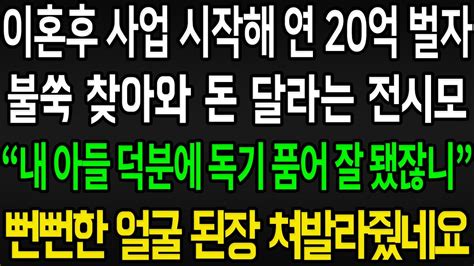 사이다사연 이혼 후 사업 시작해 연 20억 벌자 불쑥 찾아와 자기 아들 덕분에 독기품어 잘된거라는 전시모 뻔뻔한 얼굴에 된장 쳐발라 쫓아냈네요 실화사연라디오사연