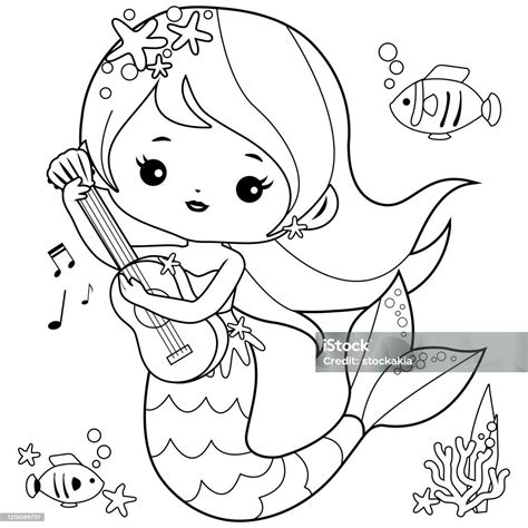 นางเงือกที่สวยงามเล่นเพลงกับกีตาร์ของเธอ เวกเตอร์หน้าระบายสีขาวดํา ภาพประกอบสต็อก ดาวน์โหลดรูป