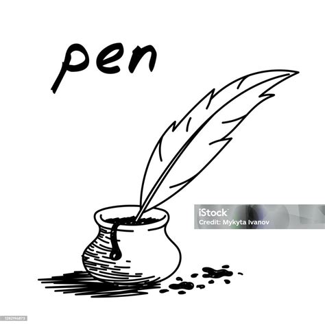 깃털 퀼 펜 핸드리그 일러스트레이션 유리 잉크 병에 거위 퀼 펜의 만화 벡터 클립 아트 필기구 문서 서명의 개념이 있는 흑백 스케치 개념에 대한 스톡 벡터 아트 및 기타
