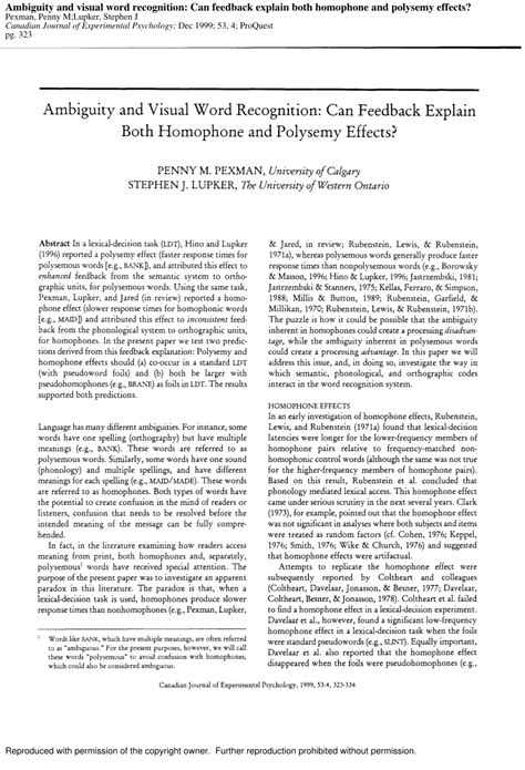 Pdf Ambiguity And Visual Word Recognition Can Feedback Explain Both Homophone And Polysemy