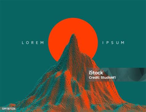 산 봉우리 해돋이 복셀 아트 스타일의 미래 기술 배경 사이버 공간 개념 브로셔 잡지 포스터 프리젠 테이션 전단지 또는 배너를위한