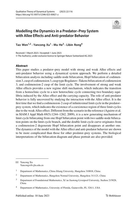 Pdf Modelling The Dynamics In A Predator Prey System With Allee Effects And Anti Predator Behavior