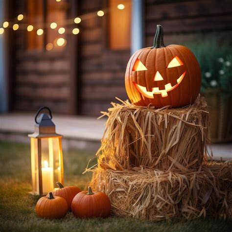 Premium Photo Illustration Of Two Jack Olantern Lit On Hay Bale On