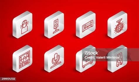 세트 라인 스테레오 스피커 음악 신디사이저 디스코 볼 Man In 헤드폰 마이크 및 오실로스코프 아이콘 벡터 0명에 대한 스톡 벡터 아트 및 기타 이미지 Istock