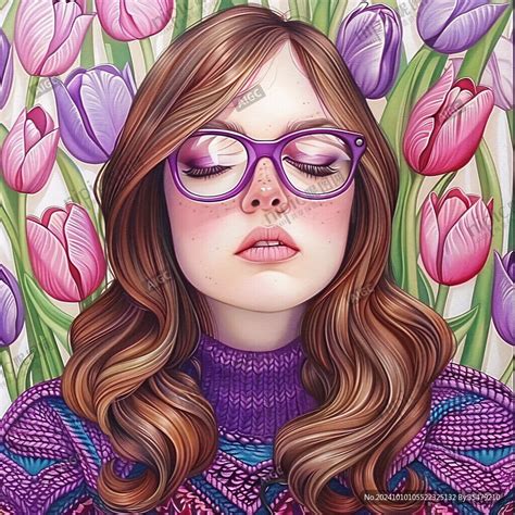 Ai创作图戴眼镜女孩插画 插画人物戴眼镜女孩 手绘眼镜女孩 手绘女孩子青春装饰画 少女郁金香手绘 精美花手绘郁金香少女 女孩插画装饰画 女孩装饰画 漂亮女孩插画 手绘肖像装饰画 女孩无框画