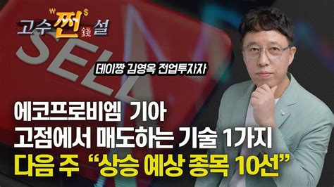 고수쩐설 고점에서 매도하는 기술 1가지 다음 주에 오를 것 같은 종목 10선 기아 에코프로비엠 데이짱 김영옥 전업