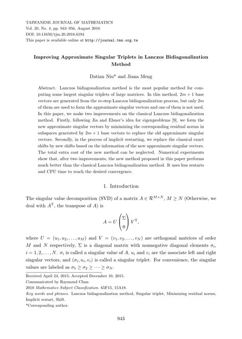 Pdf Improving Approximate Singular Triplets In Lanczos