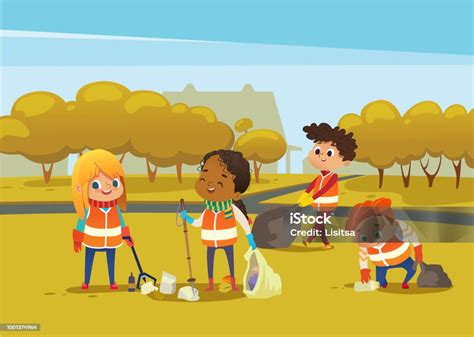 다민족 어린이 오렌지 조끼를 입고 쓰레기 재활용 플라스틱 병 및 재활용에 대 한 가비지 수집 하는 아이 들에 대 한 수집 합니다 보 빈에 쓰레기를 던졌습니다 유아 교육입니다