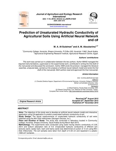 Pdf Prediction Of Unsaturated Hydraulic Conductivity Of Agricultural