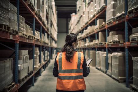 Women In Large Warehouse Taking Inventory With Tablet AI Generative Stock Image Image Of