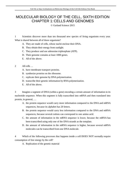 Testbank For Molecular Biology Of The Cell Alberts 6e Cell And
