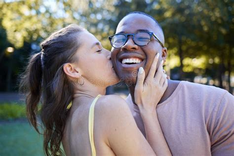 Woman Kiss Man Happiness And Date In Park Outdoor In Nature With Love
