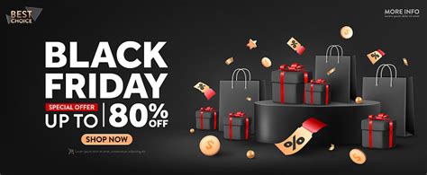 블랙 프라이데이 포스터 또는 블랙 기프트 박스 동전 쿠폰 쇼핑 백 및 제품 연단 장면배너의 벡터 소셜 미디어 및 웹 사이트에 대한 블랙 프라이데이 데이 판매 배너 템플릿