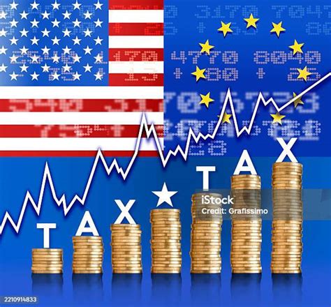 미국과 유럽 국기와 함께 관세의 상승을 상징하는 황금 동전의 성장 차트 개체 그룹에 대한 스톡 사진 및 기타 이미지 개체 그룹 경기 침체 경제 Istock