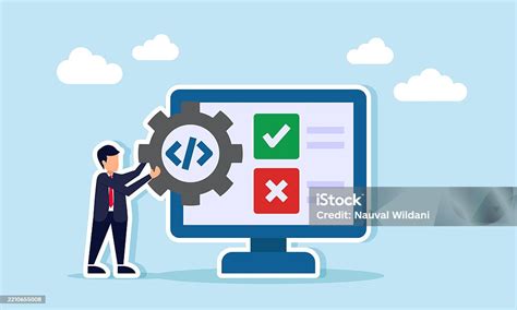 사업가는 체크 표시와 십자 표시를 보여주는 모니터 옆에 서서 프로그래밍 기호가 있는 기어를 들고 있으며 더 나은 효율성을 위해 비즈니스 앱 프로그램을 개선하는 그림입니다
