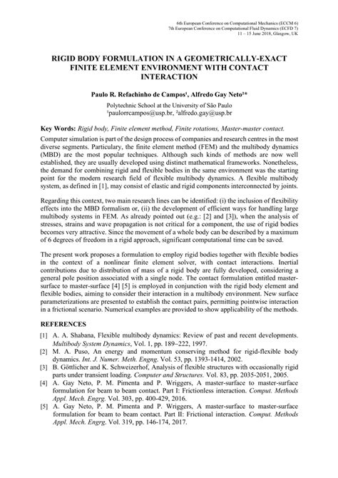 Pdf Rigid Body Formulation In A Geometrically Exact Finite Element Environment With Contact