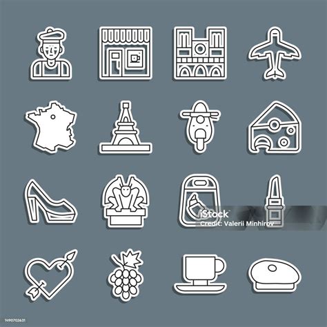 세트 라인 프랑스 베레모 립스틱 치즈 노트르담 에펠 탑 프랑스지도 남자와 스쿠터 아이콘 벡터 과일에 대한 스톡 벡터 아트 및 기타 이미지 Istock