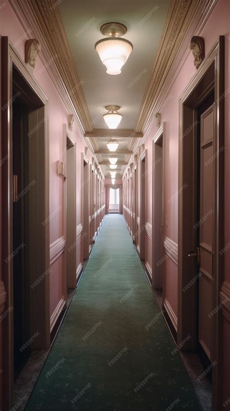 Un Pasillo Con Paredes Rosas Y Un Cartel Que Dice La Puerta De La Izquierda Foto Premium