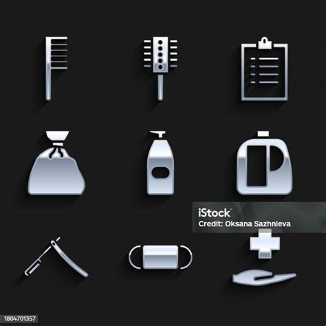 액체 항균 비누 병 의료 보호 마스크 의료 크로스 병원 세정제 병 직선 면도기 쓰레기 봉투 체크리스트 및 헤어 브러시 아이콘이있는 클립 보드를 설정합니다 벡터 1위에 대한