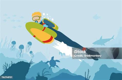 바다 밥과 스쿠버 다이버는 바다의 바닥을 탐험한다 바다 동식물 벡터 만화 스타일의 수중 배경 산호초 바다 식물과 물고기 실루엣 다이빙 클럽 배너 계절에 대한 스톡 벡터 아트