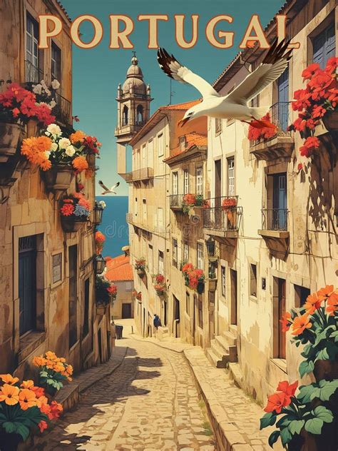 Portugal Vintage Travel Poster Postcard Retro Stock Illustration
