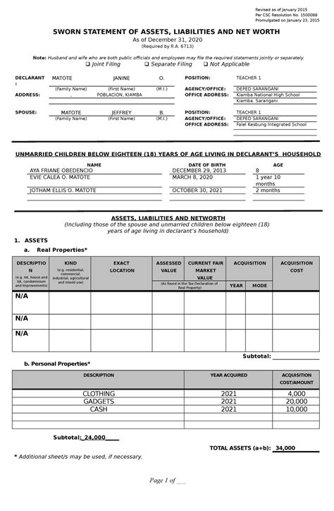 2015 Saln Form Literacy Skills Revised As Of January 2015 Per Csc Resolution No 1500088