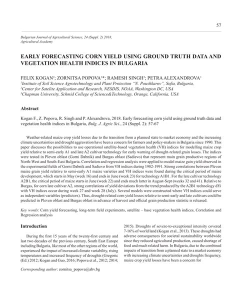 Pdf Early Forecasting Corn Yield Using Ground Truth Data And Vegetation Health Indices In Bulgaria