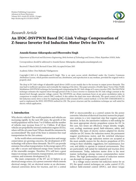 Pdf An Ifoc Dsvpwm Based Dc Link Voltage Compensation Of Z Source