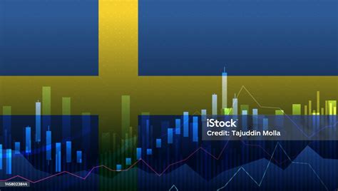 추상 비즈니스 촛대 그래프 주식 시장 투자 거래의 재무 차트는 상승 추세선 그래프와 파란색 배경에 스웨덴 국기가 있는 막대 차트입니다 스웨덴 통화에 대한 스톡 벡터 아트 및