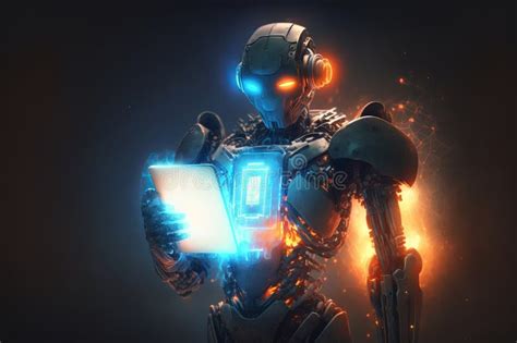 Ai Robot Working Using Tablet Futuristic Humanoid Worker Generative
