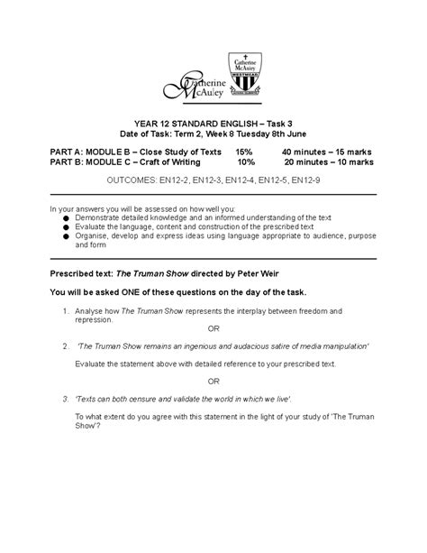 2021 English Standard Task 3 Questions Year 12 Standard English