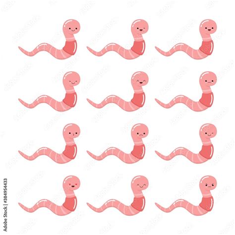 Set Of Funny Cute Worms With Different Emotions Isolated On White